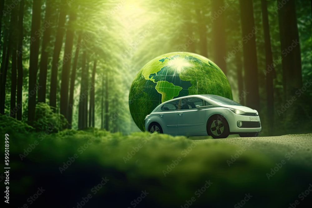 Eco car on forest road with earth planet going through forest ...