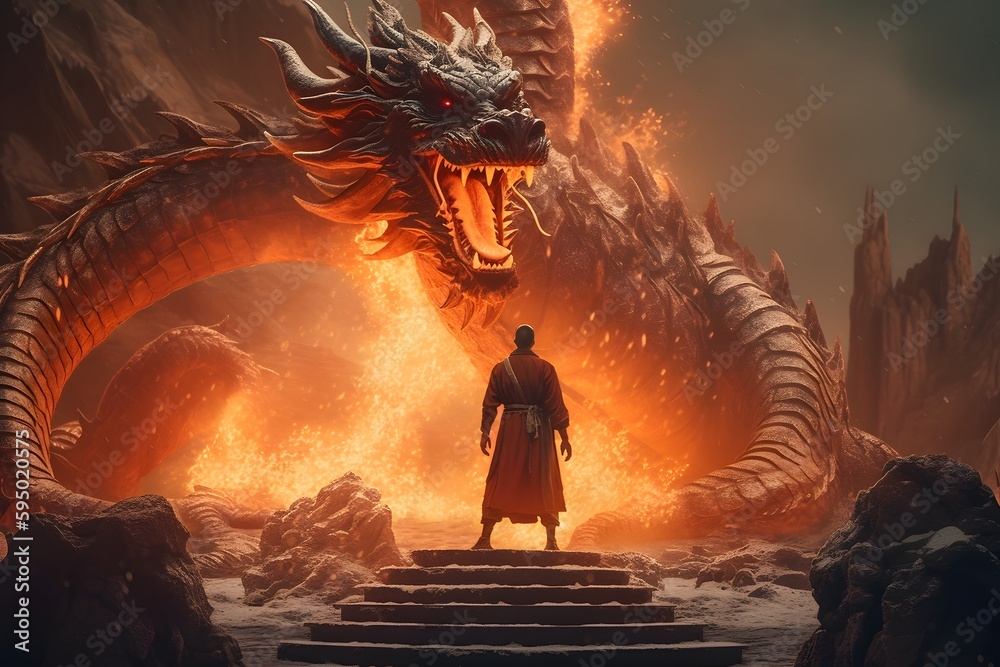 Knight Warrior stand confront dragon and prepares to fight. Fire dragon ...