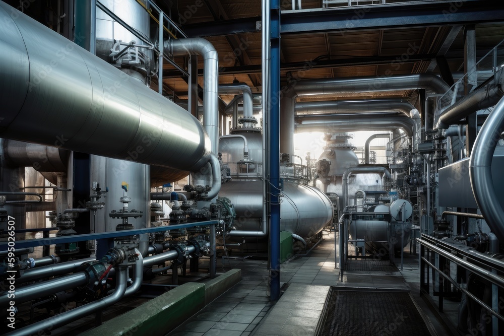 chemical plant, with piping and machinery visible, producing essential ...