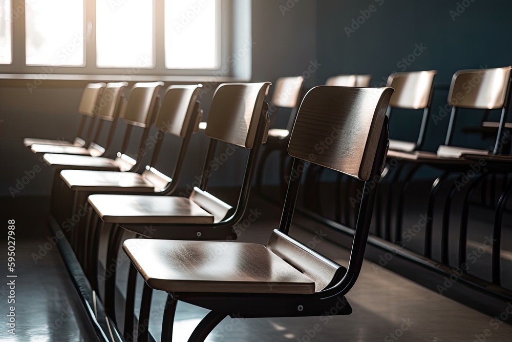a row of empty wooden lecture chairs, with modern and minimalist design ...