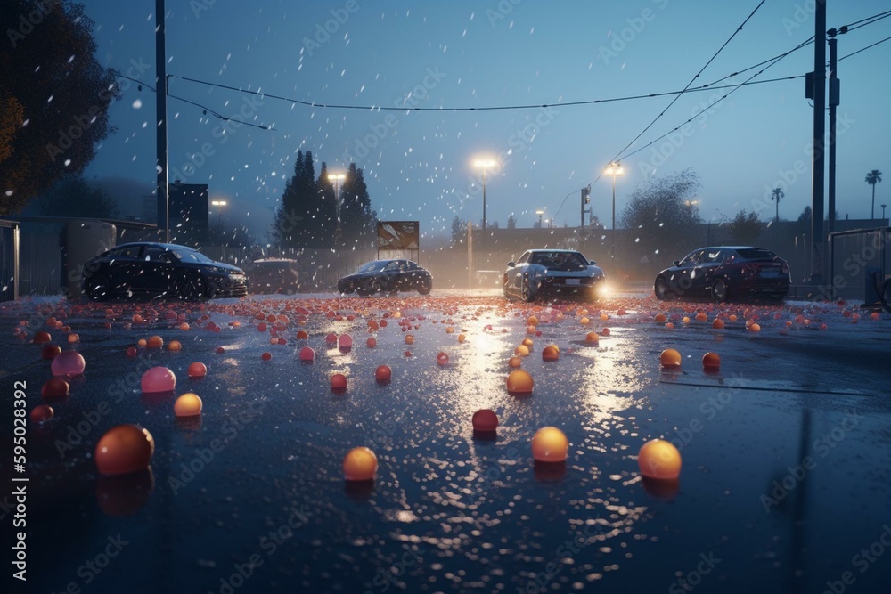 Ground level view of a twilight scene with wet softball-sized objects ...