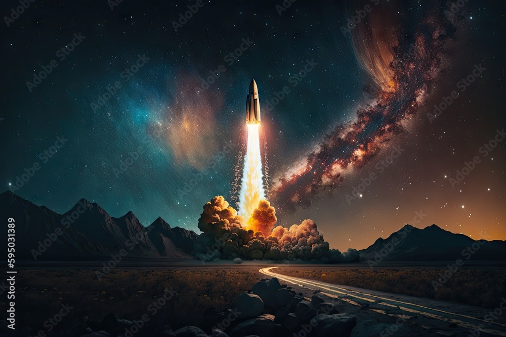a rocket blasting off into the night sky against a starry backdrop ...