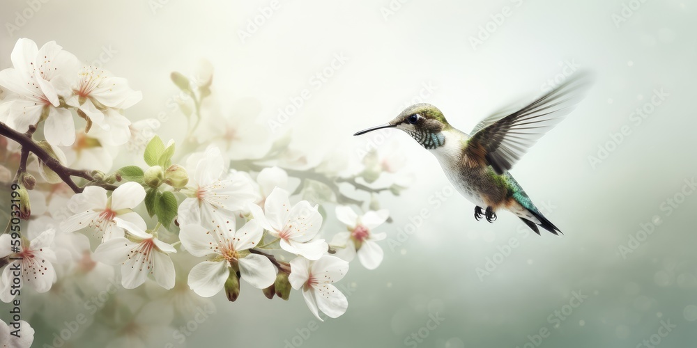 Artistic Spring Background with Hummingbird on White Blossom in Highly ...
