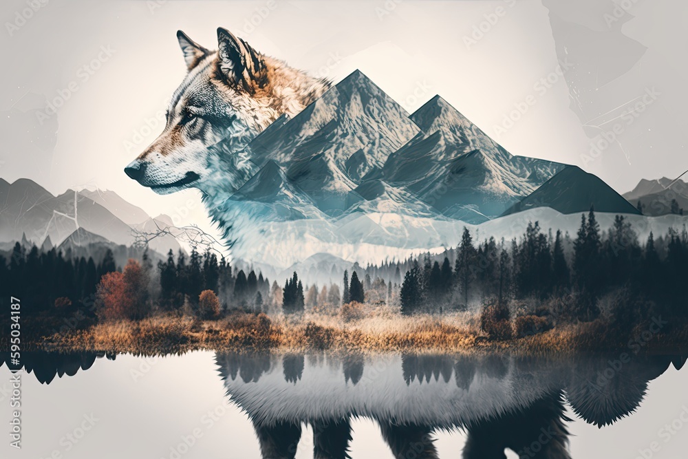 double exposure of wolf and scenery, with misty mountains in the background, created with ...