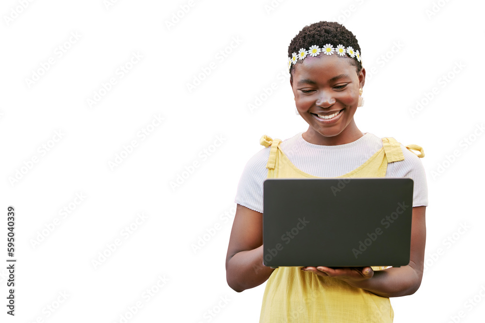 Black woman, typing and reading on laptop for fashion blog, social ...