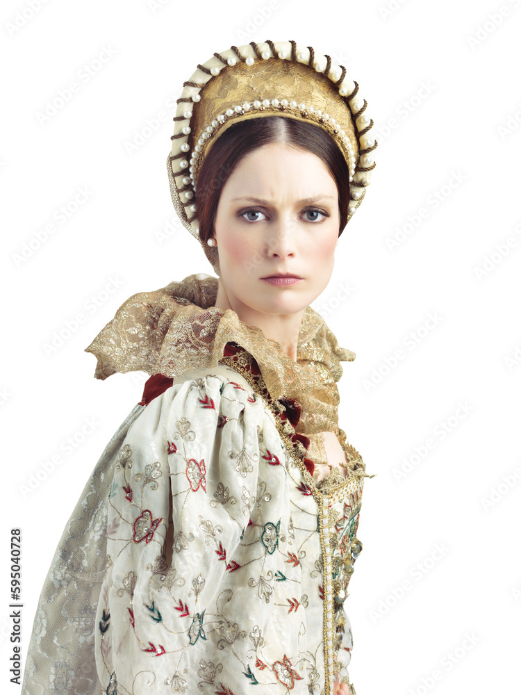 Woman, portrait and queen in royal fashion on isolated, transparent or ...