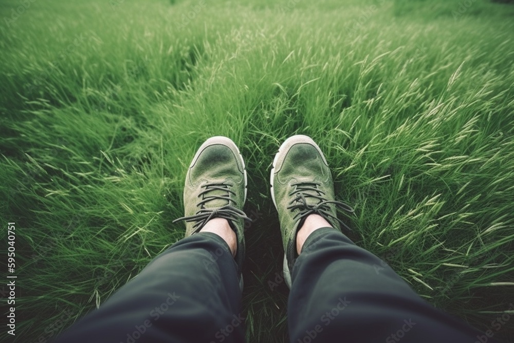 feet in sneakers of a running man on the green grass. Created with ...