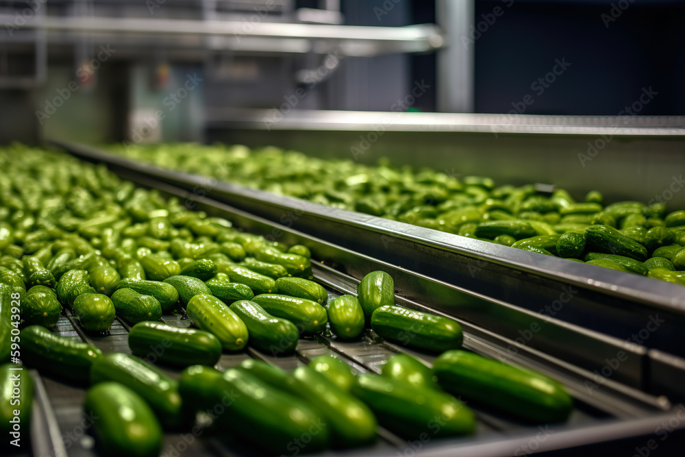 Cucumbers in a food processing facility, clean and fresh, ready for ...
