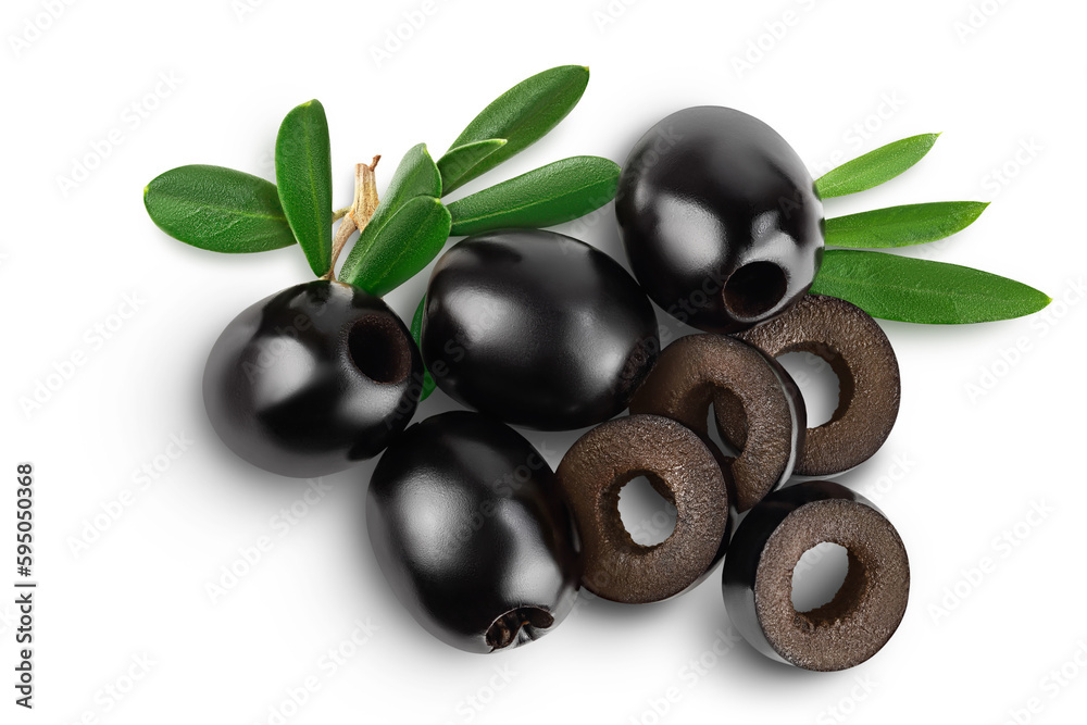 Black olives with leaves isolated on a white background with full depth ...