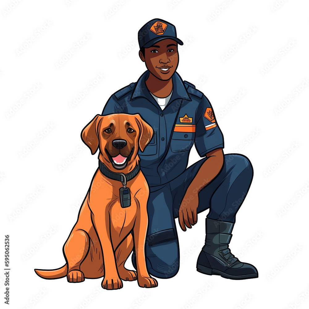 A rescue personnel wearing uniform, smiling, with his service dog by ...