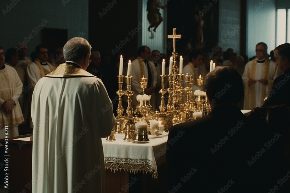 Religious Feast of Corpus Christi. Holy communion in church. Taking ...
