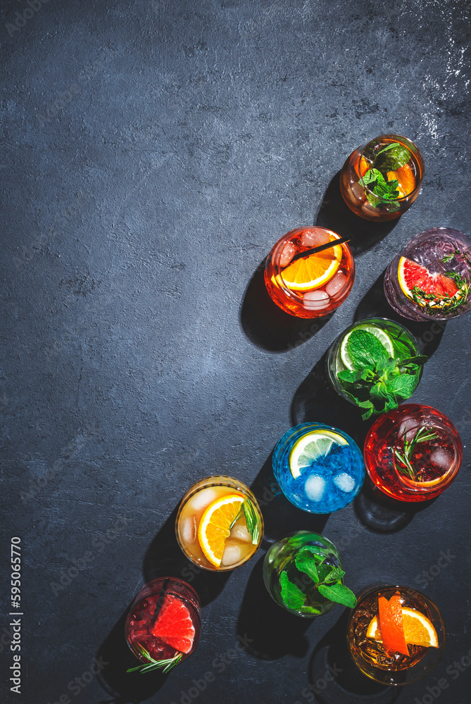 Cocktails set on black bar counter, top view. Mixology concept ...