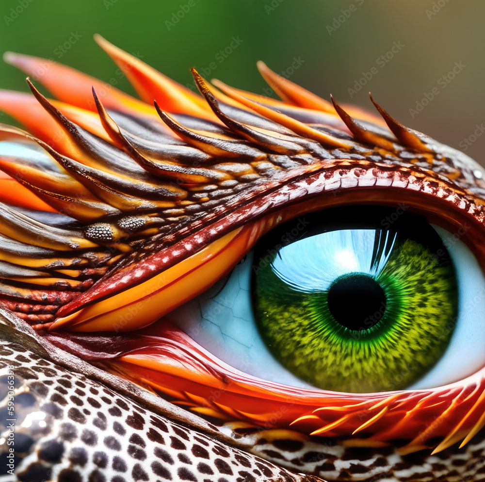 Orange-scaled dragon and its striking green eye. dragon's scales and ...