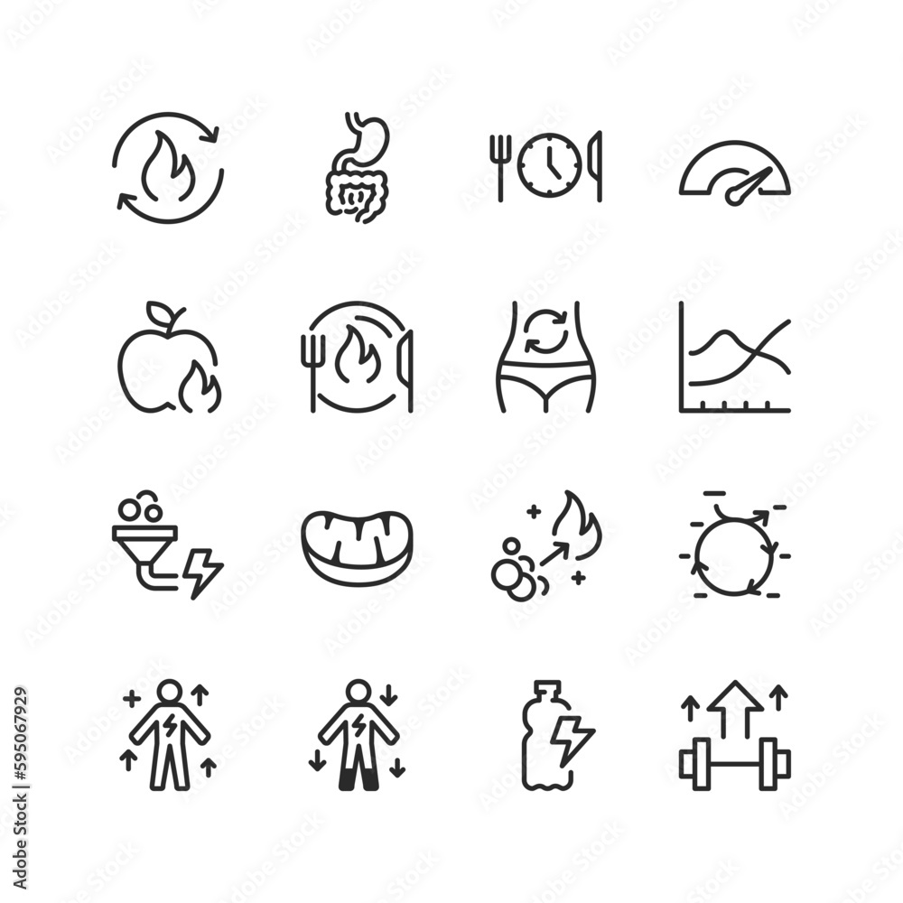 Metabolism, linear style icons set. Accelerating metabolic gain ...