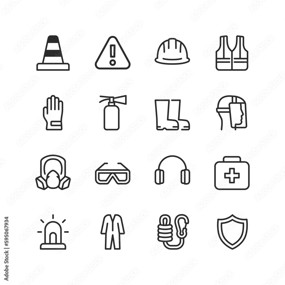 Work safety, linear style icons set. Equipment for protection ...