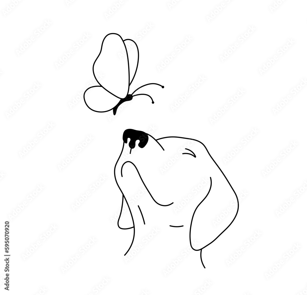 Vector isolated one single dog head with butterfly colorless black and ...