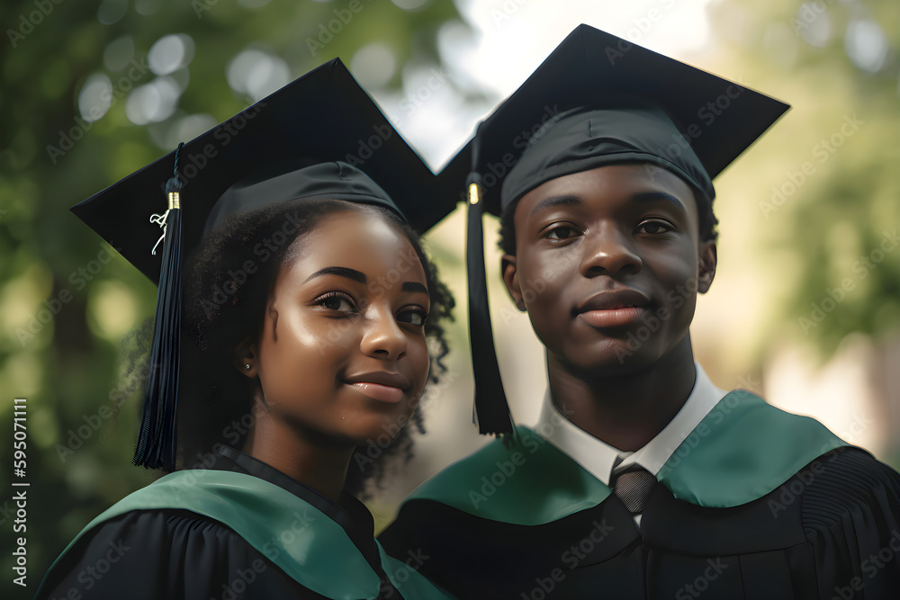 university graduates in graduation caps, African American boy and girl ...