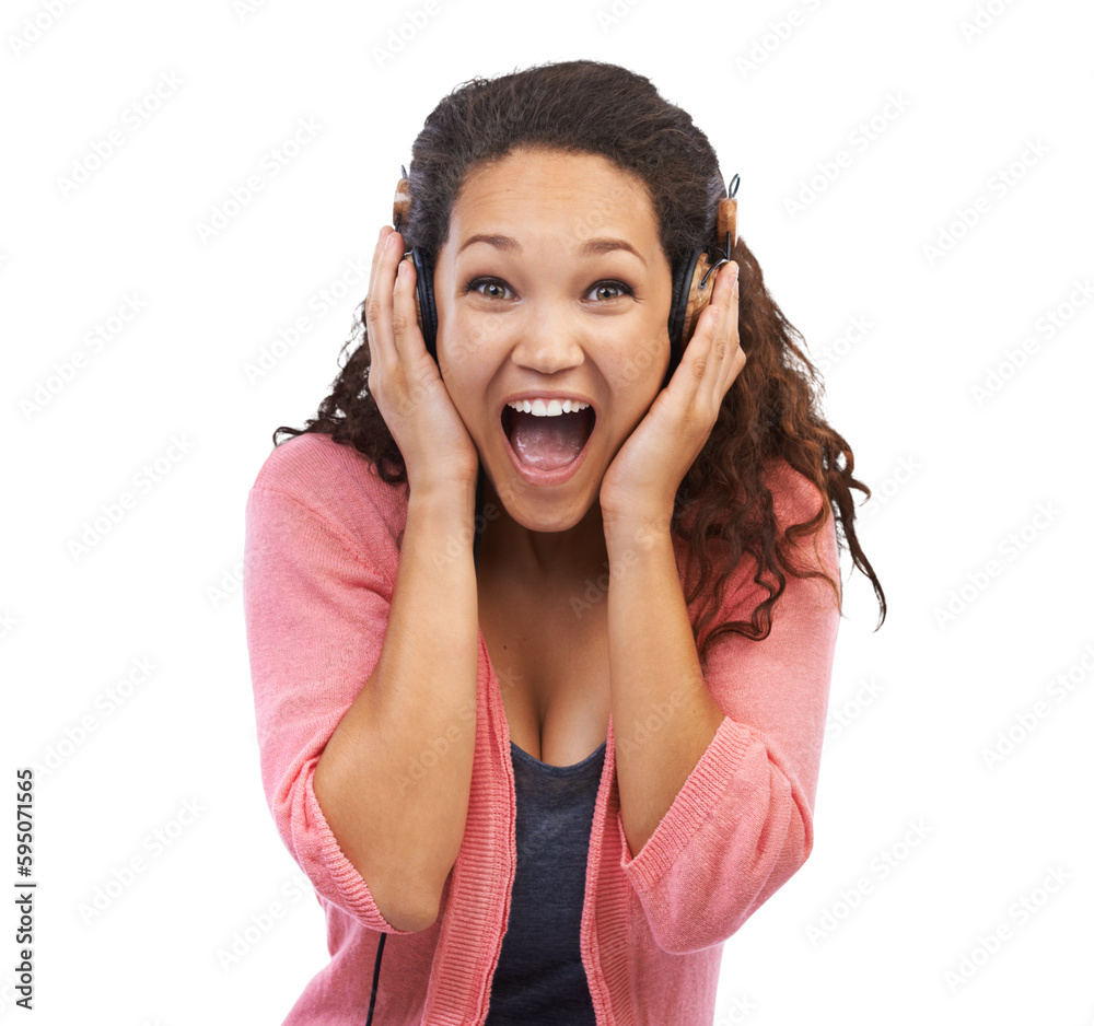Screaming, headphones and portrait of woman listening to music or audio ...