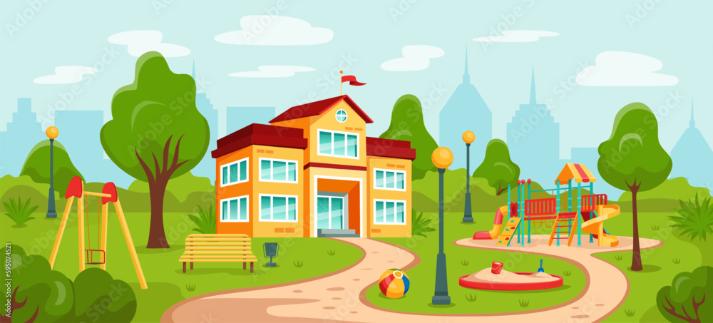 Kid playground. Kindergarten or school building in park. Play yard and ...