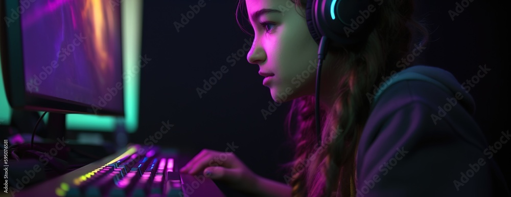 Young girl gamer concentrate playing video games wearing headphones ...