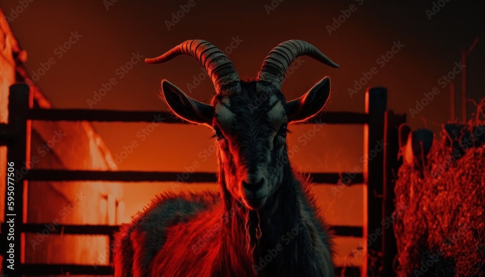 Satanic goat exorcism scary background concept with red lightning ...