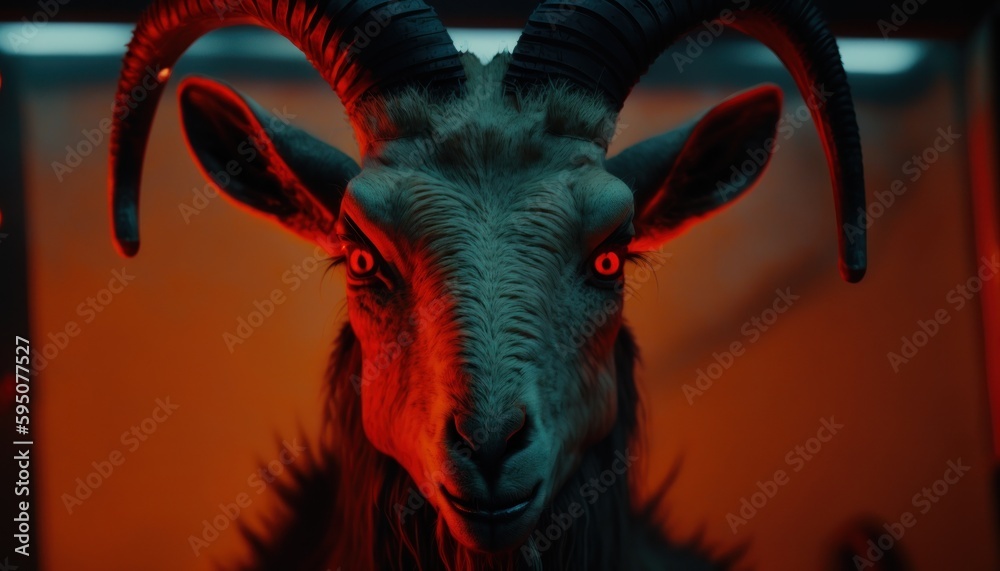 Satanic goat exorcism scary background concept with red lightning ...