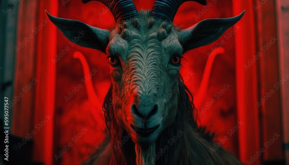 Satanic goat exorcism scary background concept with red lightning ...