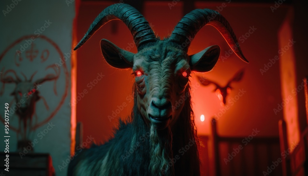 ภาพประกอบสต็อก Satanic goat exorcism scary background concept with red ...