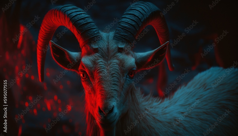 Satanic goat exorcism scary background concept with red lightning ...