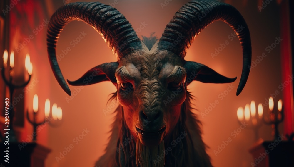 Satanic goat exorcism scary background concept with red lightning ...