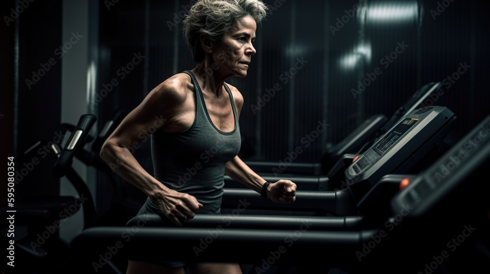 Fictional person. Aging elderly senior baby boomer woman getting fit ...