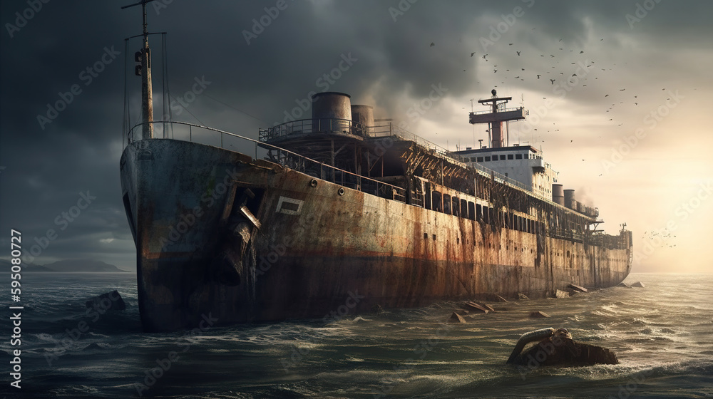 Abandoned shipwreck, wreck of old rusty ship or boat after post ...