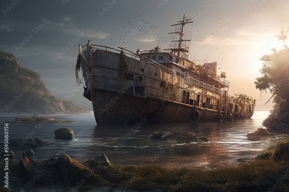 Abandoned shipwreck, wreck of old rusty ship or boat after post ...