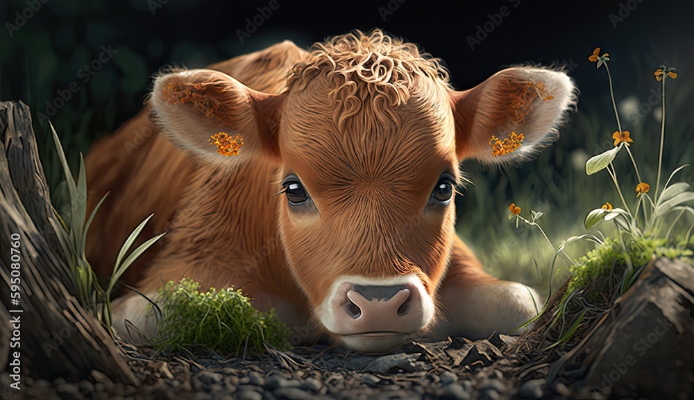 Wallpaper of a cute baby cow on a meadow. Created with generative Ai ...