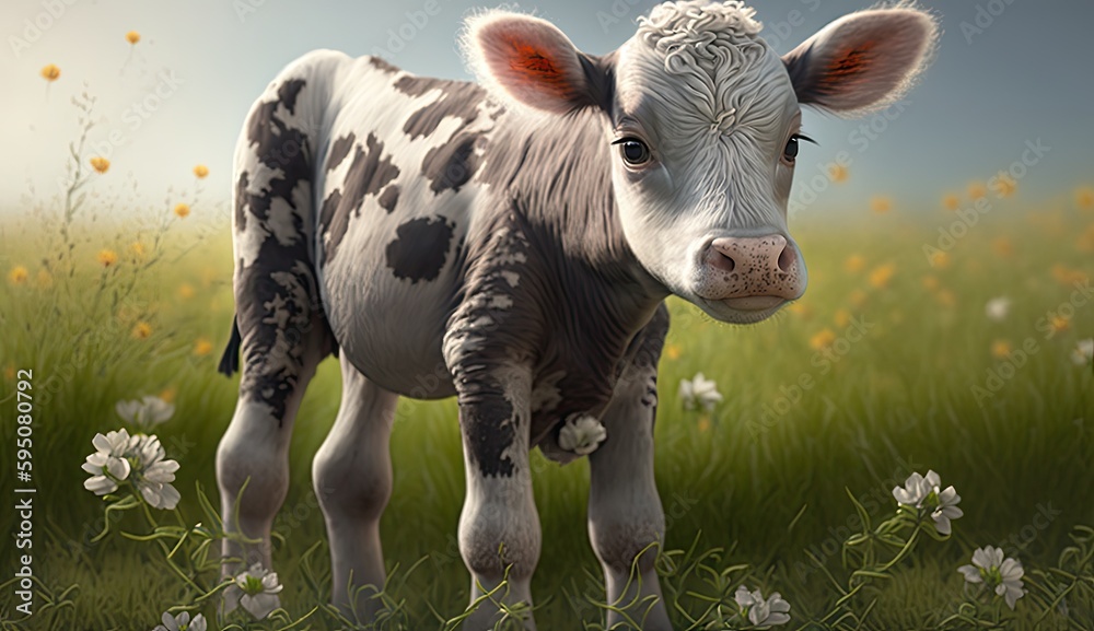 Wallpaper of a cute baby cow on a meadow. Created with generative Ai ...