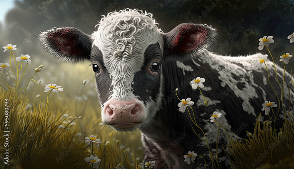 Wallpaper of a cute baby cow on a meadow. Created with generative Ai ...