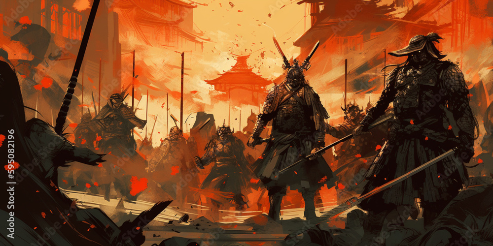 medieval battle of Japanese warriors. Samurai battle. AI generated ...