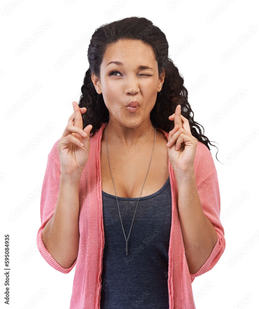 Wink, hope and fingers crossed with a woman wish for good luck ...