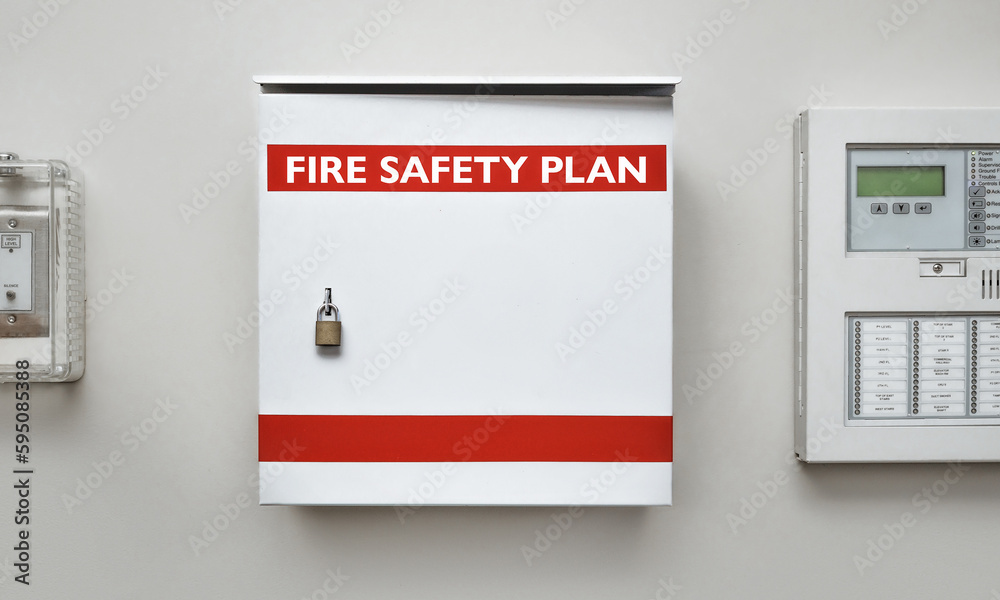 Fire safety plan box or cabinet in building lobby. Residential and ...