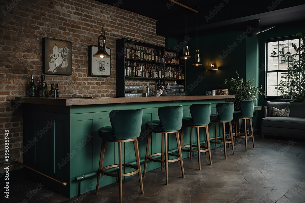 British pub green bar counter with alcohol on shelves with bar stools ...