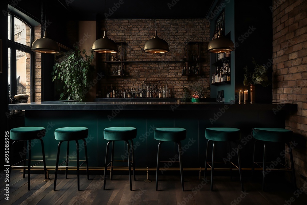British pub green bar counter with alcohol on shelves with bar stools ...