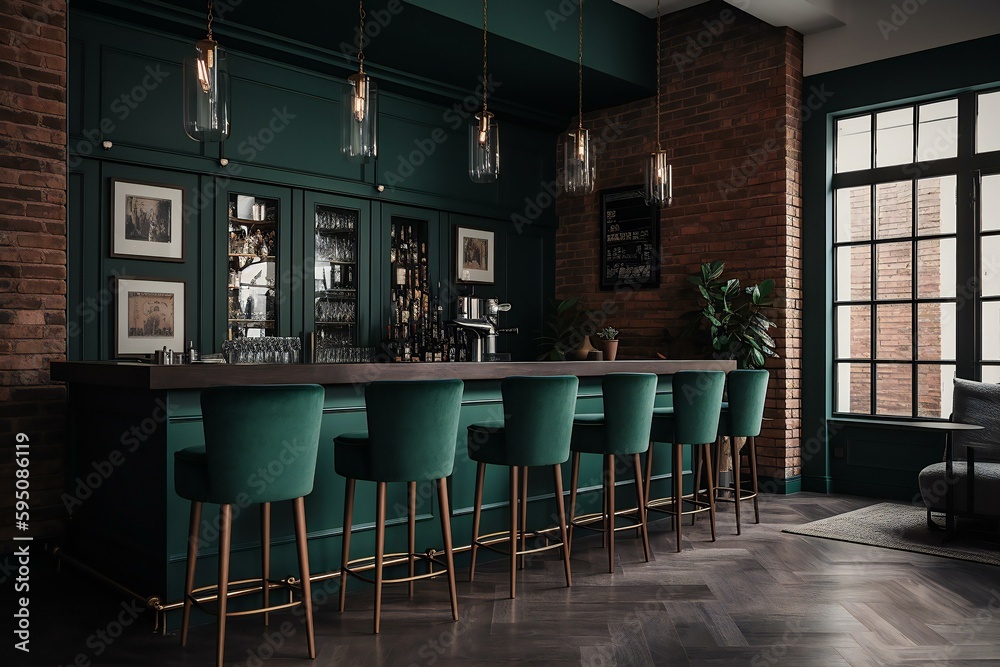 British pub green bar counter with alcohol on shelves with bar stools ...