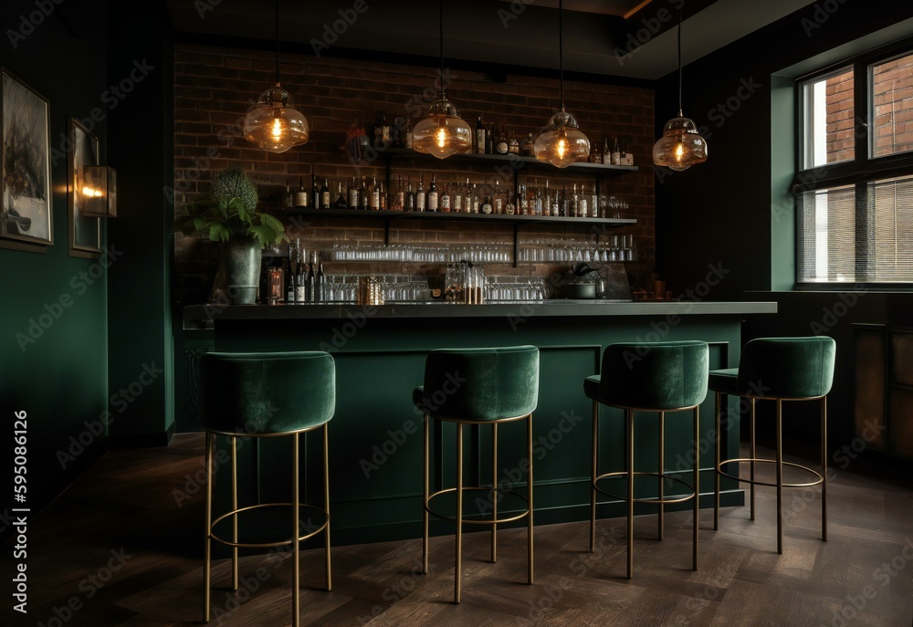British pub green bar counter with alcohol on shelves with bar stools and brick walls. Loft ...