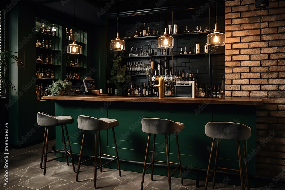 British pub green bar counter with alcohol on shelves with bar stools ...