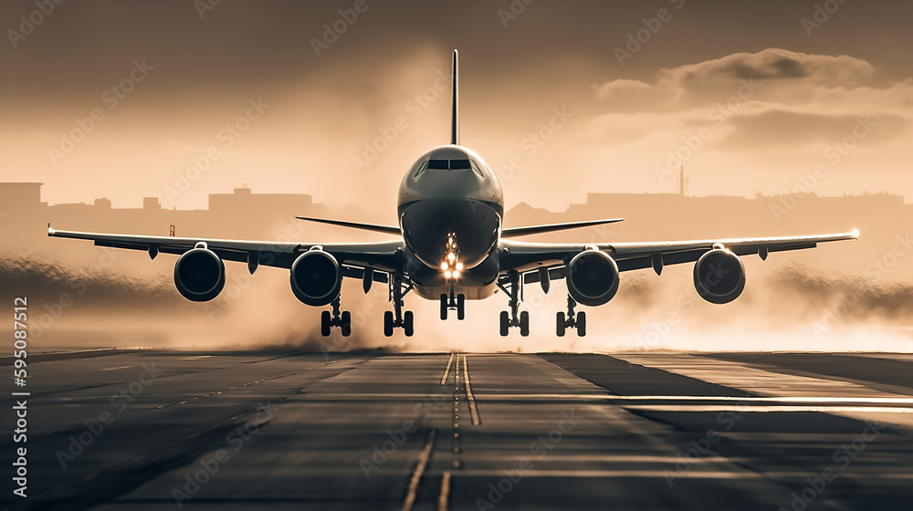 Commercial airliner taking off from a runway, with engines roaring and ...