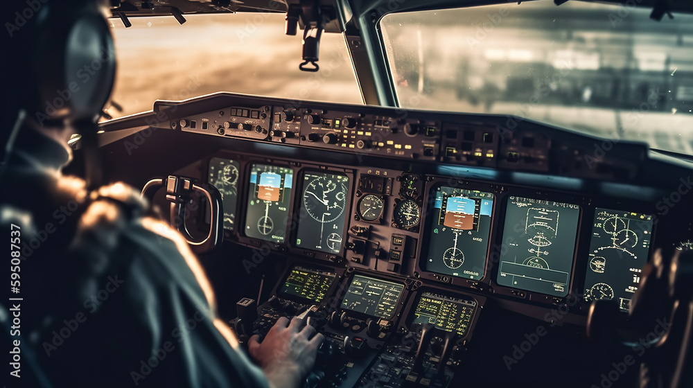 Pilot in a cockpit, with hands on the controls and looking out at the ...