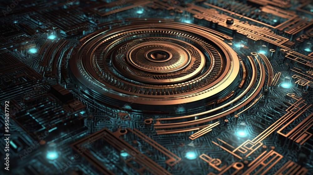 A high-tech background with metallic textures, circuitry patterns, and ...