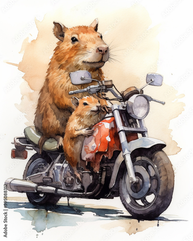 Generative AI, watercolor illustration of a small and large capybara on a motorcycle, bikers ...