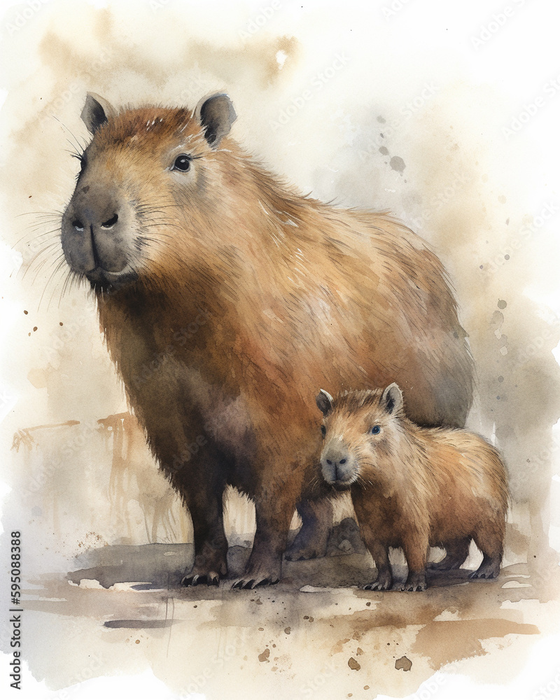 Generative AI, watercolor illustration of small and big capybara, capybara family, son and ...