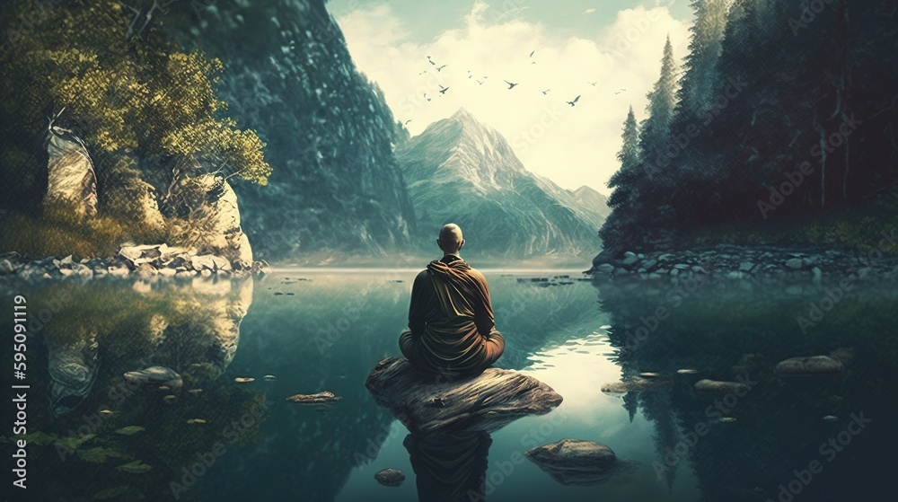 yoga meditation in the mountains near the lake with a beautiful fairy ...